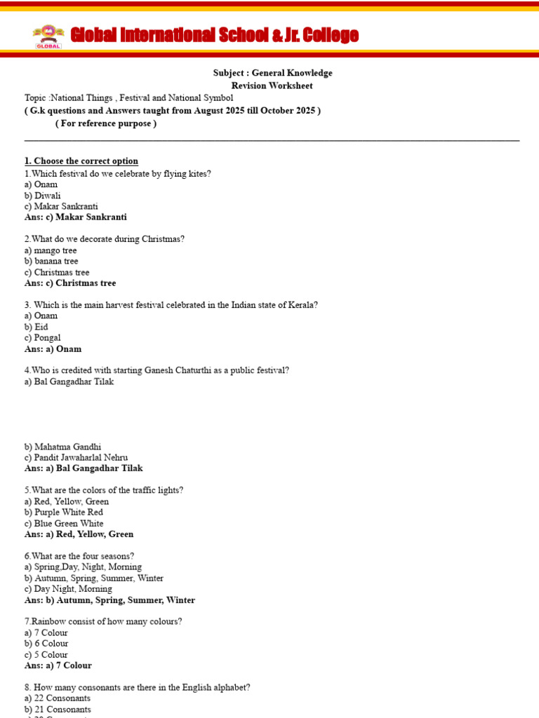 Updated Grade 1 GK Worksheet For Term 1 | PDF | Festival