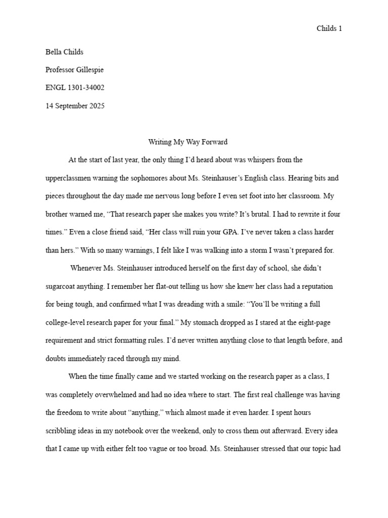 Writing My Way Forward Literacy Narrative - Bella Childs | PDF