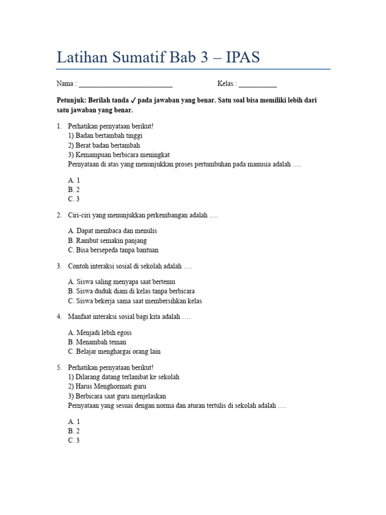 Latihan Sumatif IPAS Kelas 3 | PDF