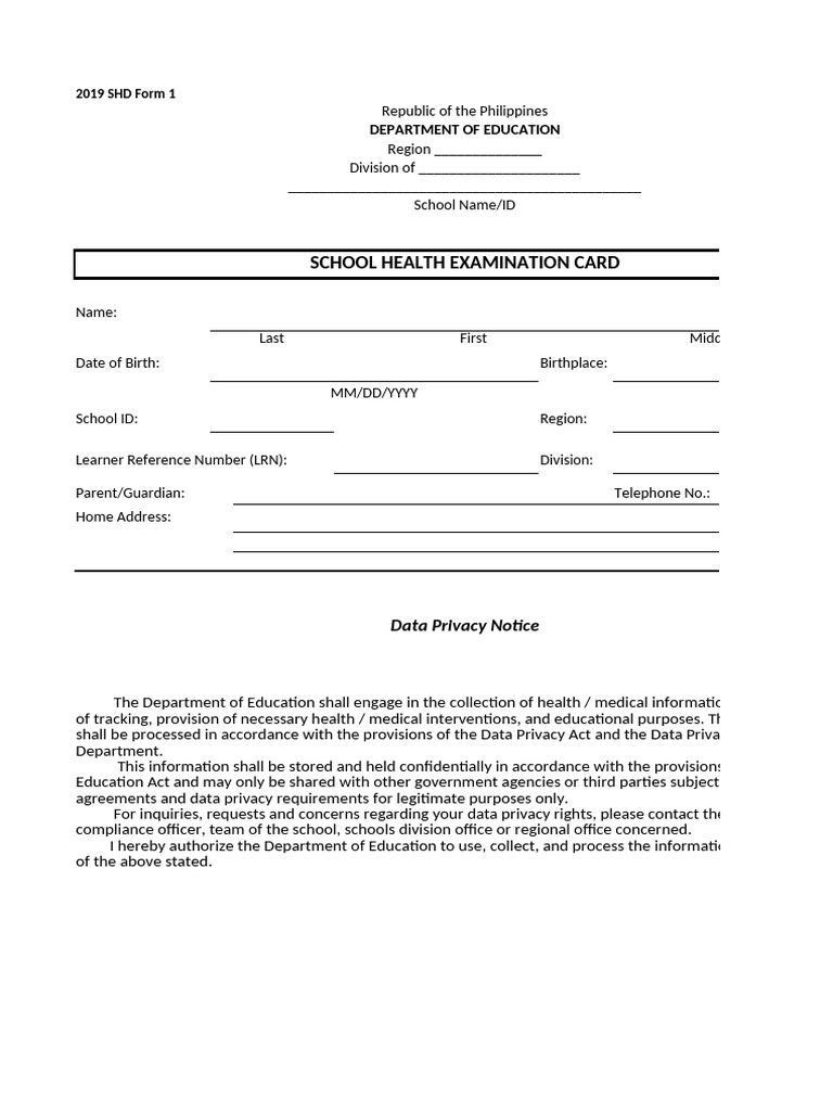 SHD Form 1 Health Examination Card | PDF | Periodontology | Medical ...