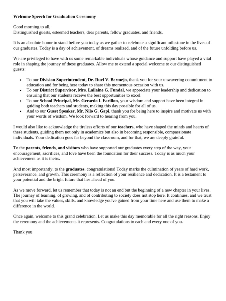 Graduation Ceremony Welcome Speech | PDF