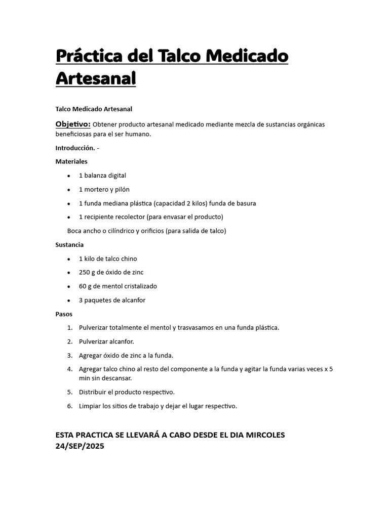 Práctica Del Talco Medicado Artesanal | PDF