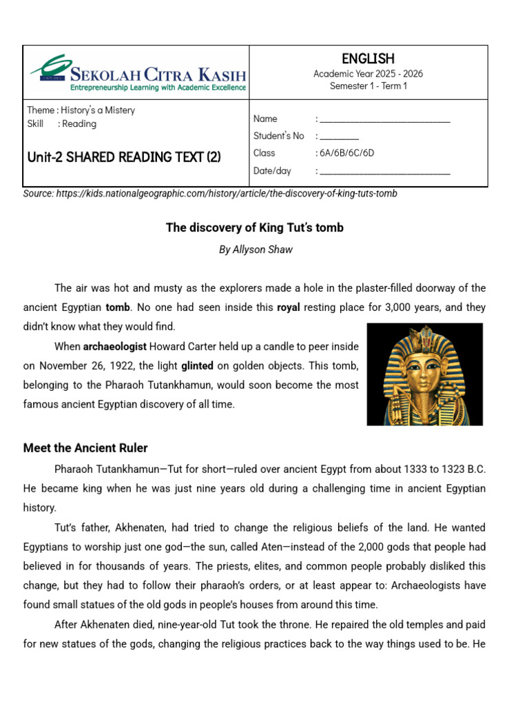 UNIT 2 - READING TEXT 1 - The Discovery of King Tut's Tomb | PDF ...