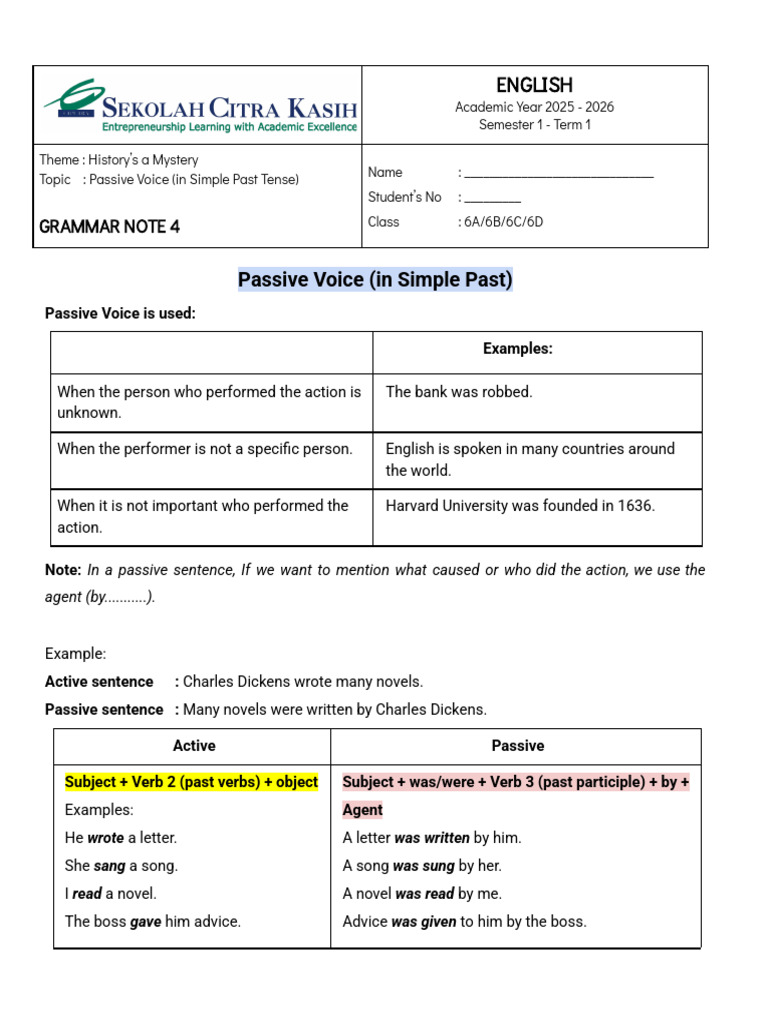 Grammar Note 5 - Passive Voice (In Past Tense) | PDF