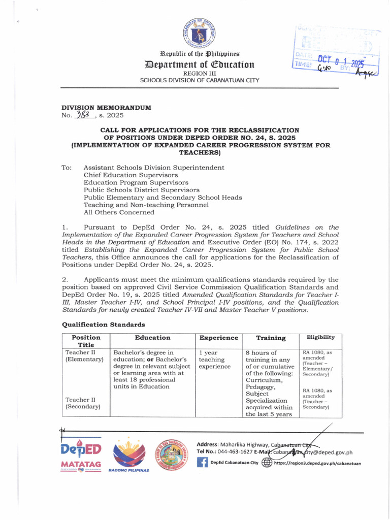 Dm No. 383 s. 2025 Call for Application for the Reclassification of ...