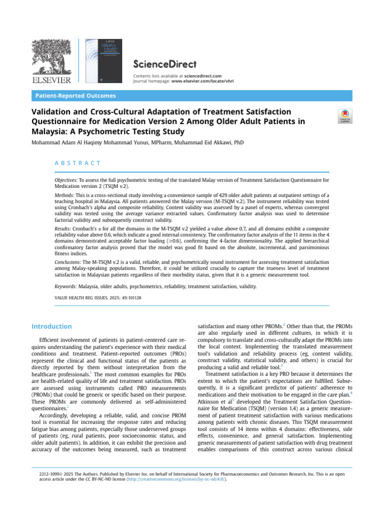 Validation And Cross Cultural Adaptation Of Treatment Satisfaction Questionnaire For Medication