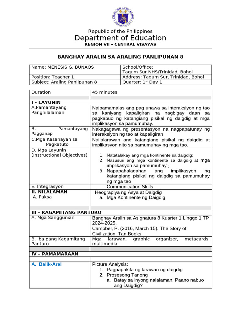 Sample - Matatag Curriculum Lesson Plan in AP8 | PDF