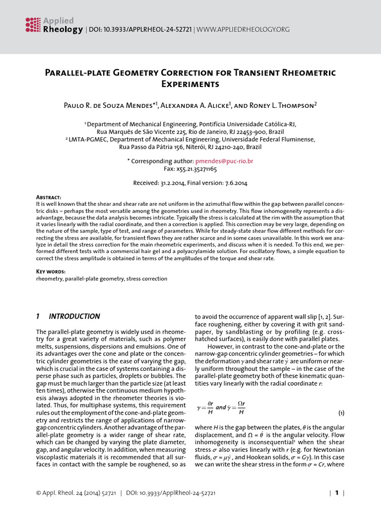 Parallel-Plate Geometry Correction For Transient R | PDF | Shear Stress ...