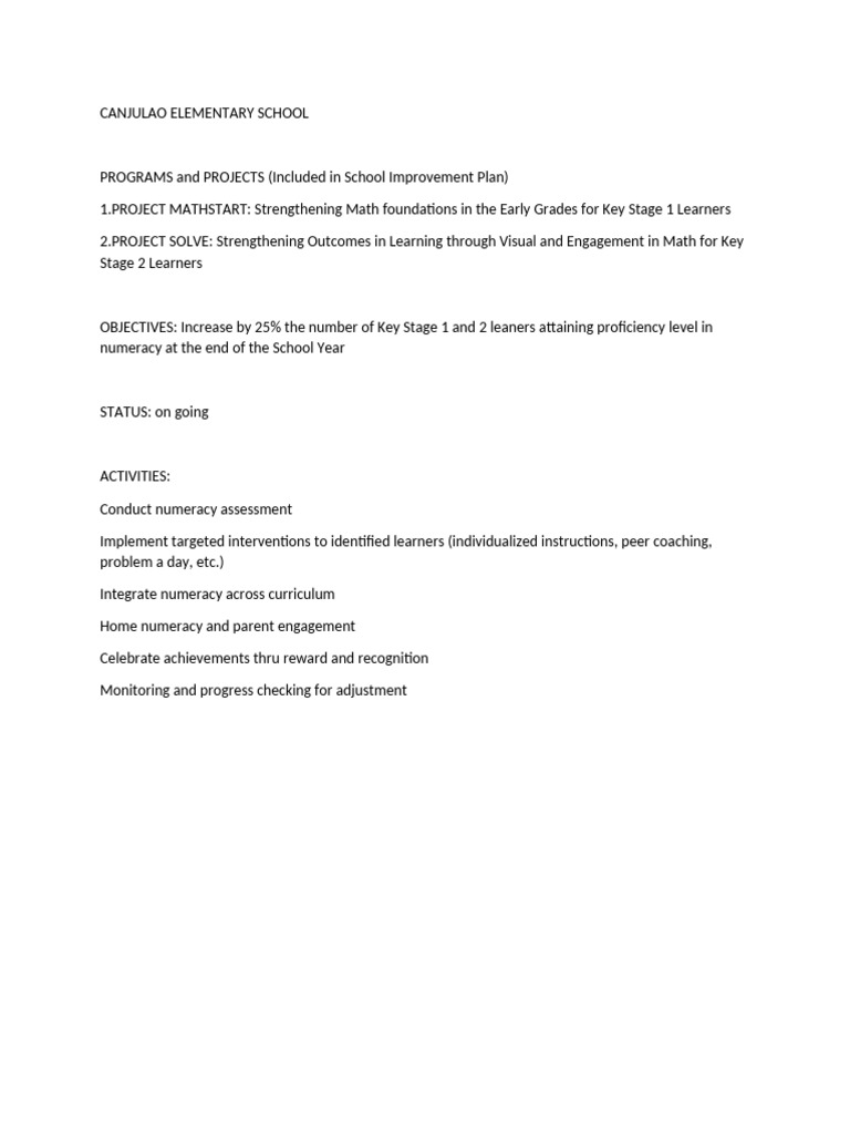 Canjulao Elementary School Math Programs | PDF