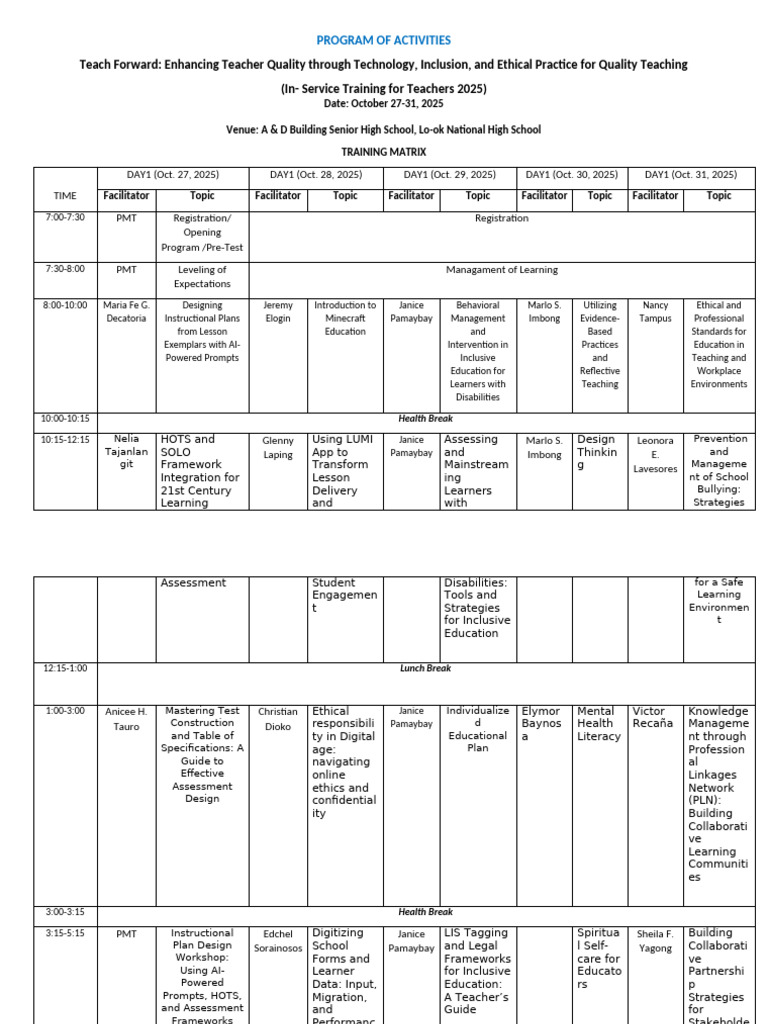 Inset Training Matrix 2025-2026 | PDF | Intelligence | Behavior ...