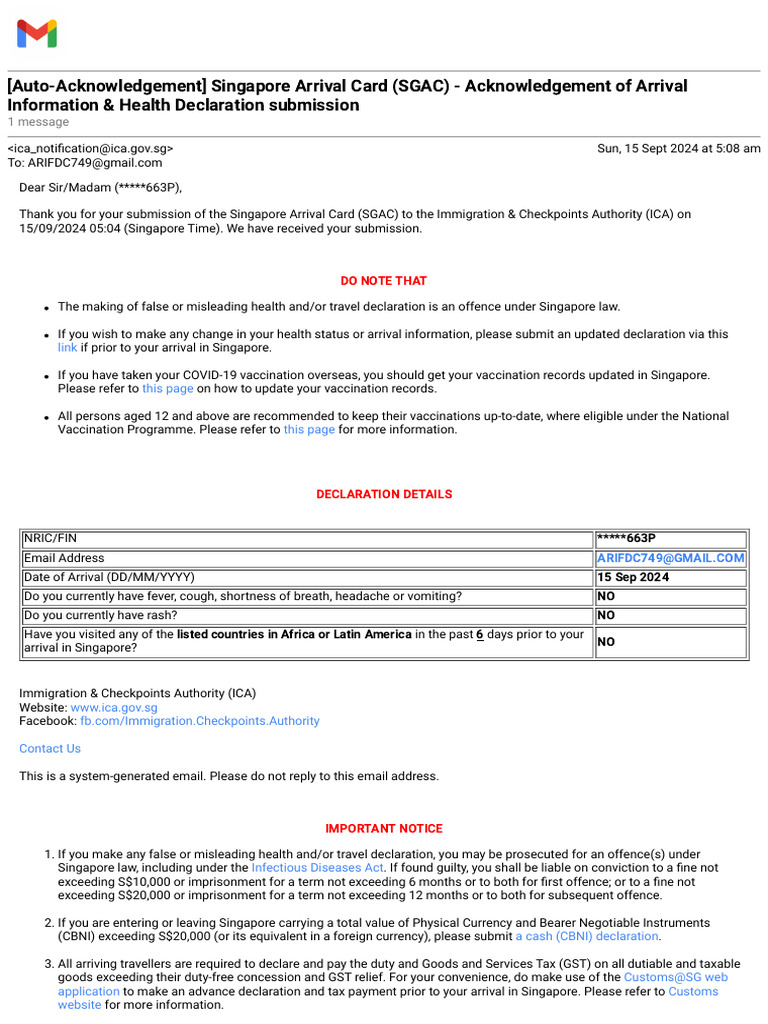 SG Arrival Card Submission Acknowledgement | PDF | Payments | Taxes
