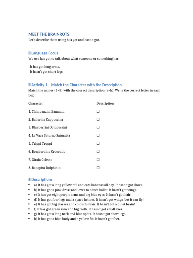 Brainrot Character Descriptions Worksheet | PDF