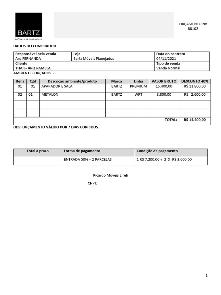 Orçamento Padrão Bartz Móveis | PDF