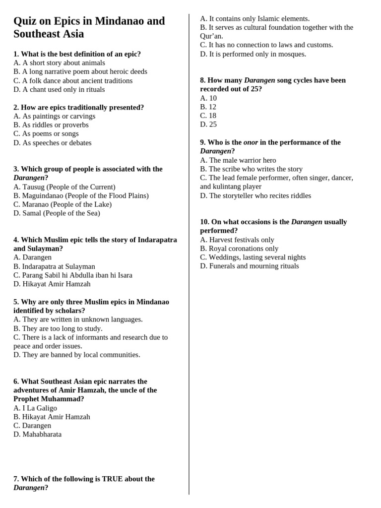 Quiz On Epics in Mindanao and Southeast Asia Quiz 2 | PDF | Epic Poetry