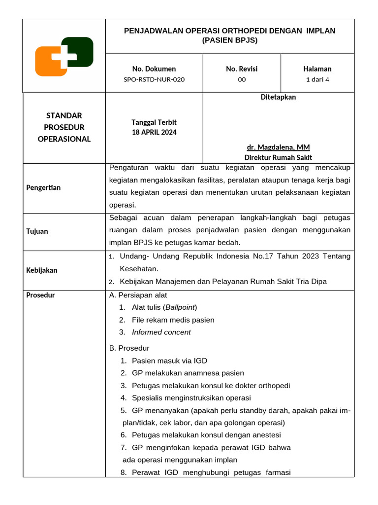 Spo Penjadwalan Operasi Orthopedi Dengan Implant Pasien Bpjs | PDF