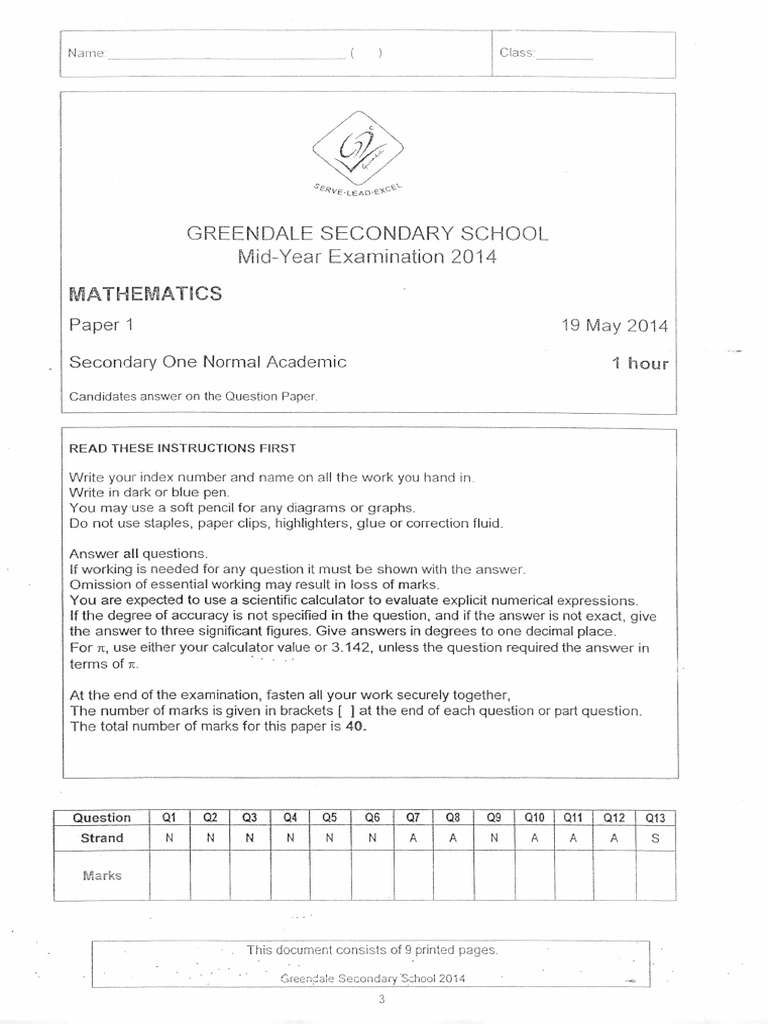 S1 Maths MYE Greendale 2014 | PDF