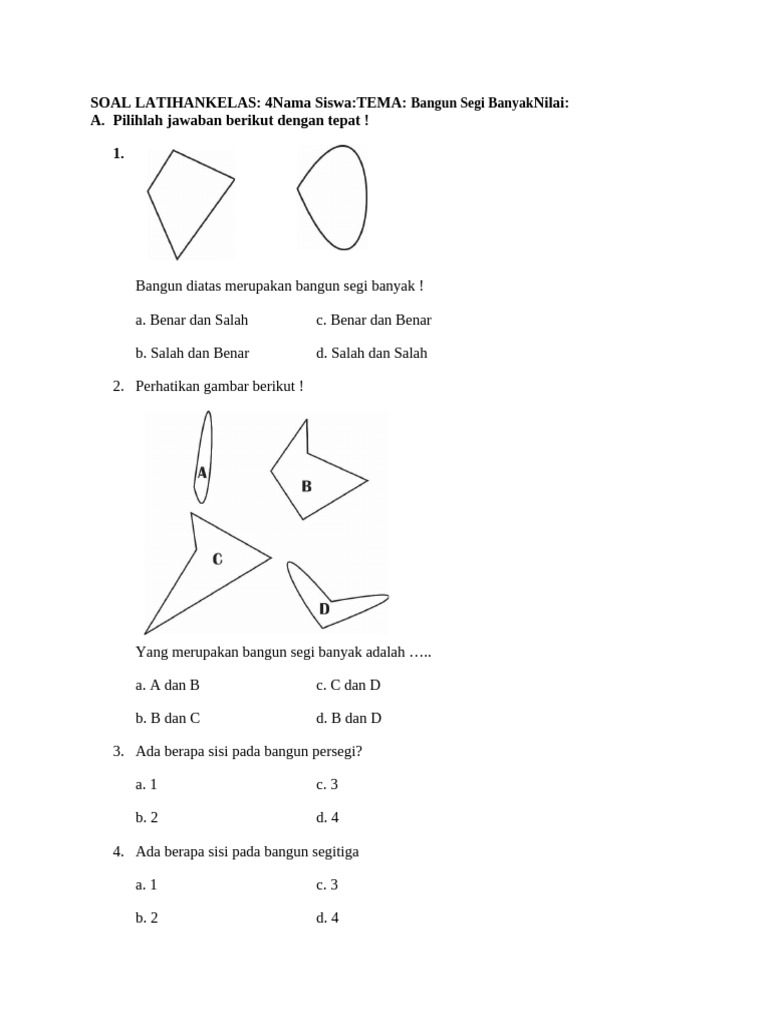 Soal Latihan Bangun Segi Banyak Kelas 4 | PDF