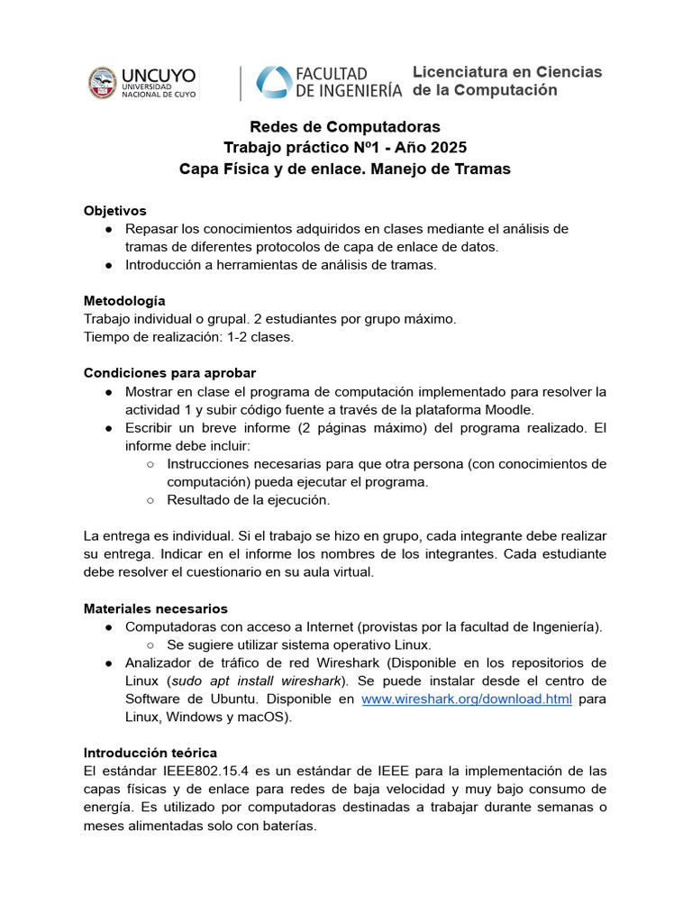 TP1 - 2025 - Obligatorio - Capa Física y de Enlace - Manejo de Tramas | PDF | Cadena ...