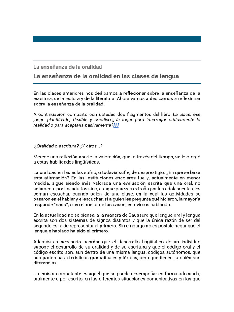 Enseñanza de la Oralidad en Clases | PDF | Escritura | Enseñando