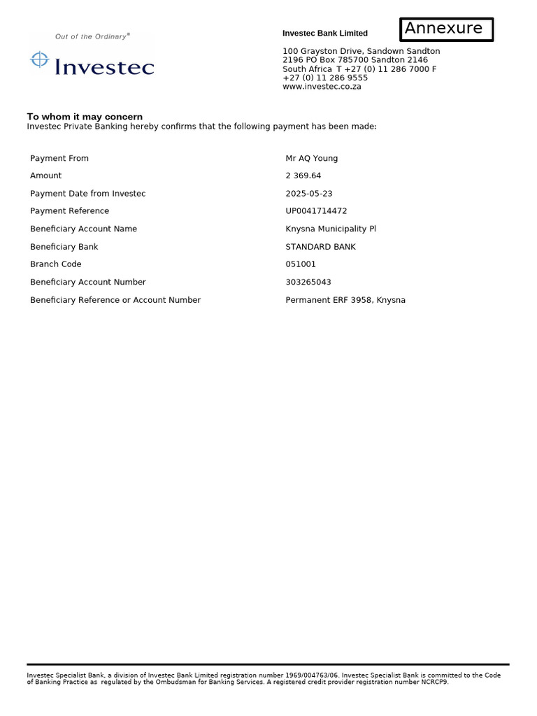 Investec Payment Confirmation Example | PDF