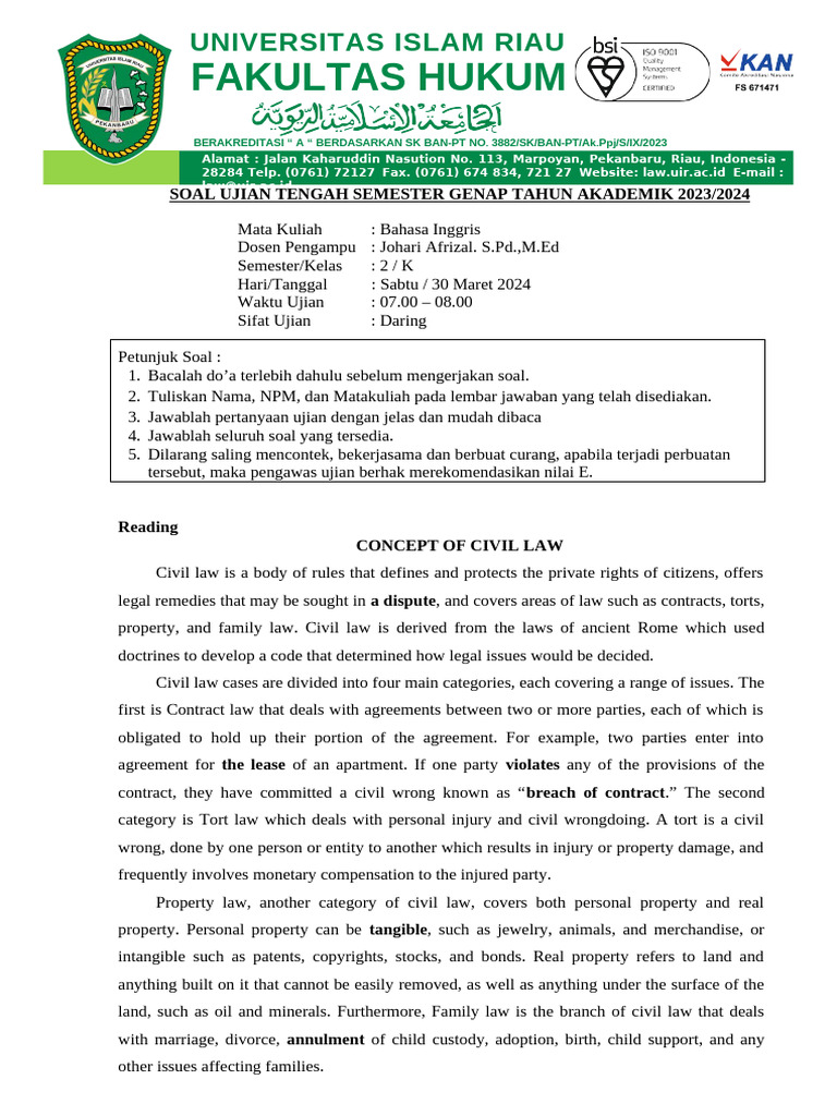 Soal Uts B.inggris (Genap 2023 2024) | PDF | Tort | Property