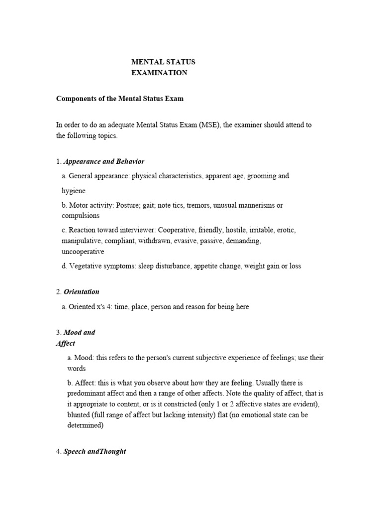 Essential Elements of The Mental Status Exam and Abbreviated Sample ...