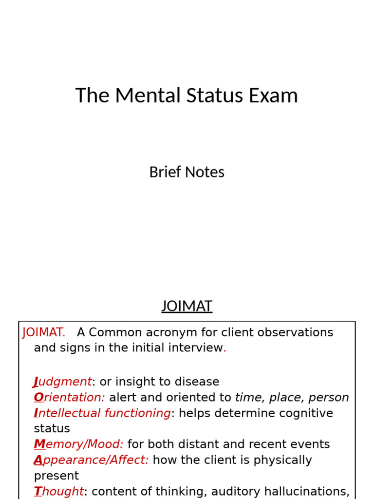 Further Notes on the Mental Status Exam {W2.R3} | PDF | Neuroscience ...