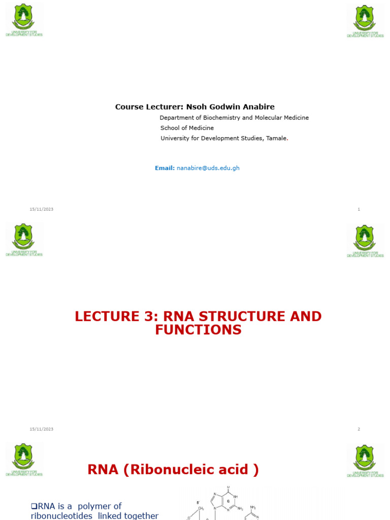 LECTURE 3 - RNA Structure and Functions | PDF | Rna | Ribosomal Rna