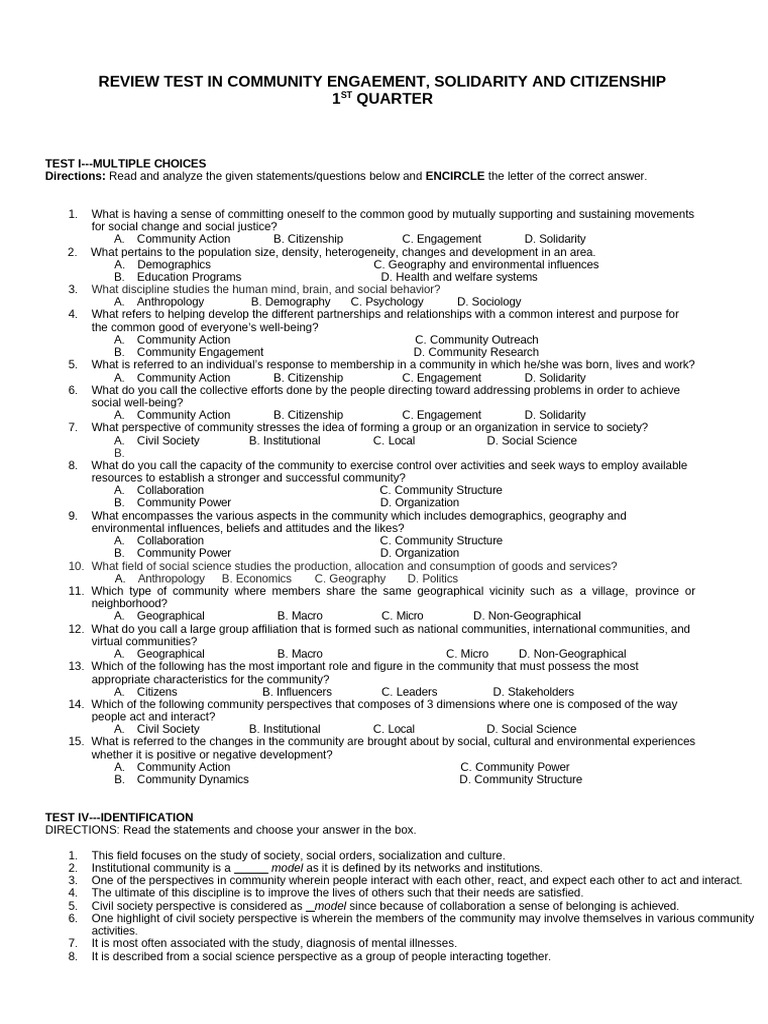 Community Engagement and Citizenship Test | PDF | Social Sciences ...