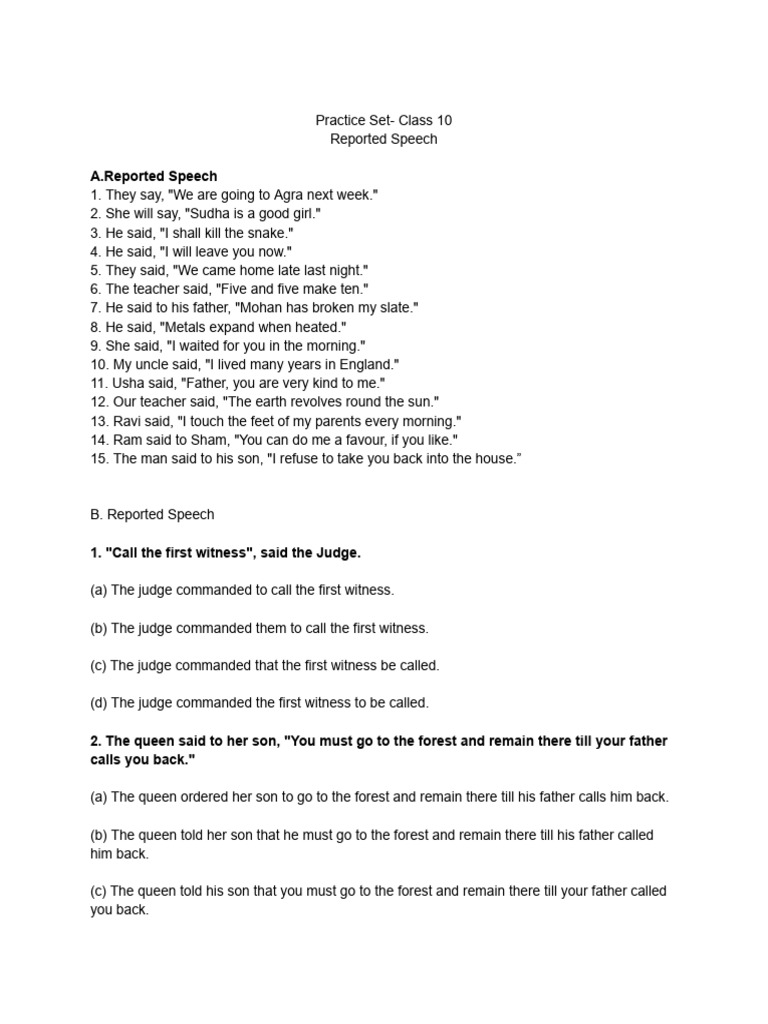 Class 10 Reported Speech Practice | PDF