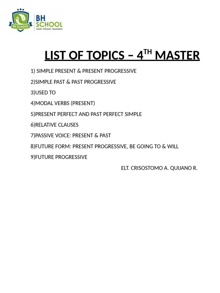 List of Topics 4th Master (English Contest) | PDF