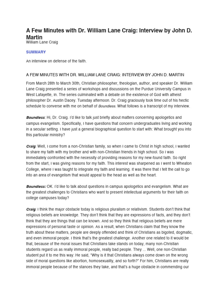 A Few Minutes With Dr. William Lane Craig Interview by John D - Martin ...