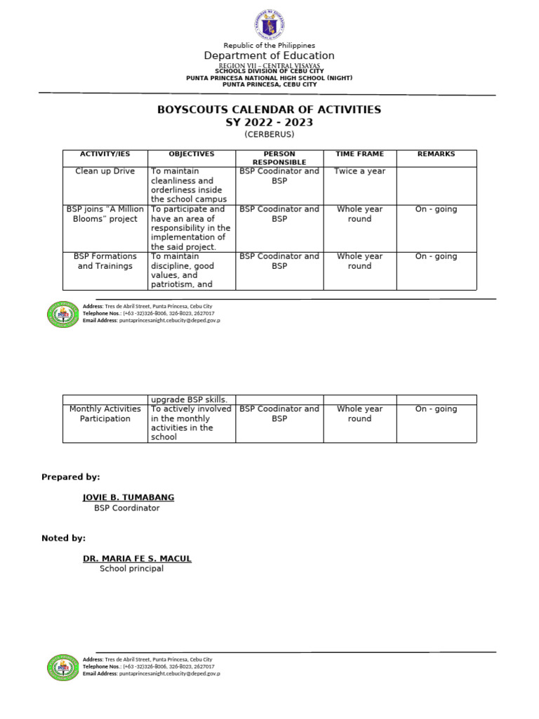 Punta Princesa National High School BSP Activities Calendar | PDF ...
