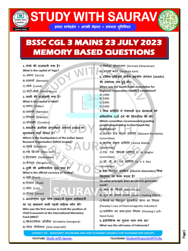 BSSC CGL 3 Mains Pyq by Study With Saurav | PDF