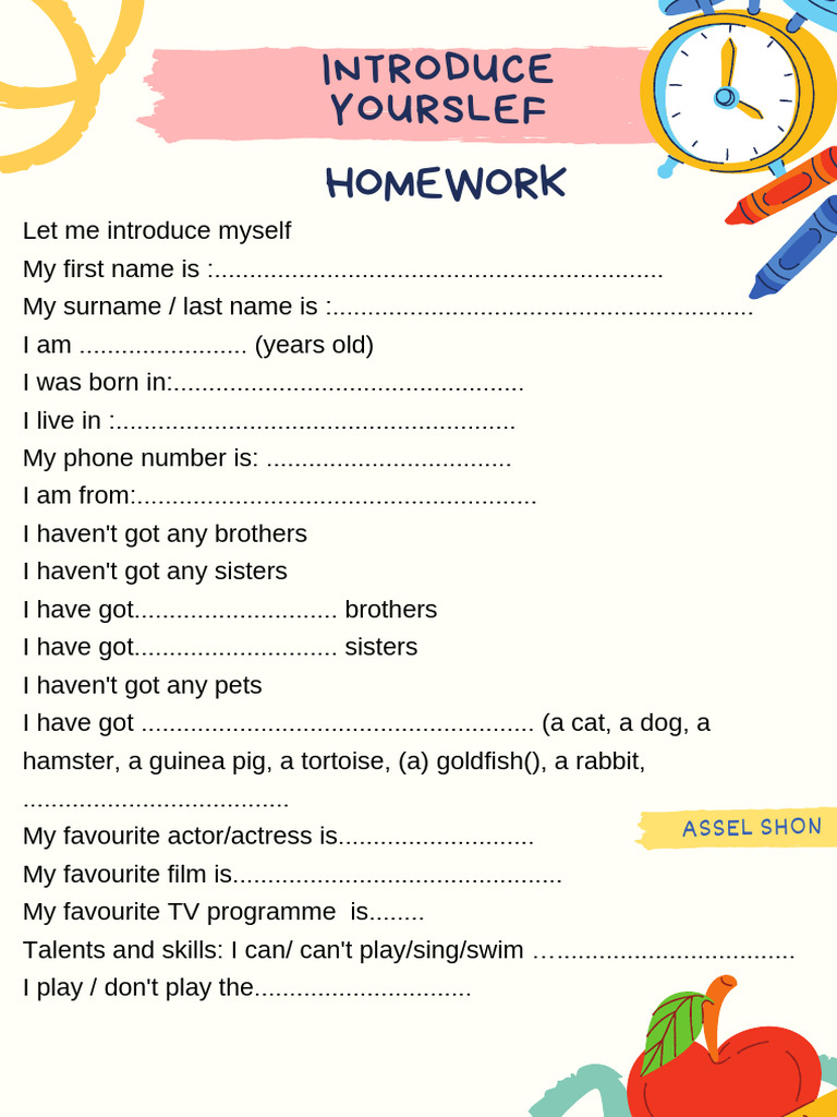 Self-Introduction and Grammar Homework | PDF