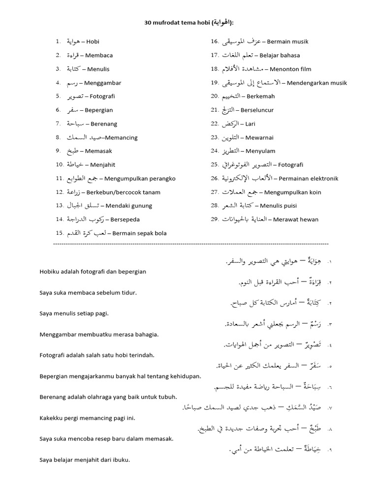 30 Mufrodat Tema Hobi Dan Contoh Penggunaan Dalam Kalimat | PDF