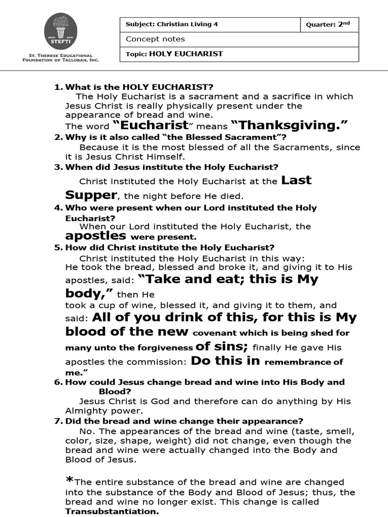 Concept Notes On The Holy Eucharist | PDF | Eucharist | Christian ...