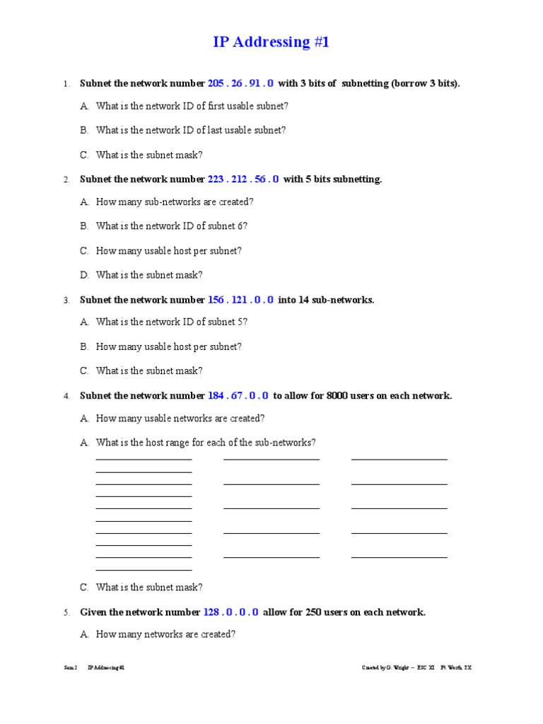 Ip Sub Netting 01 With Answers Pdf Network Layer Protocols Network Architecture