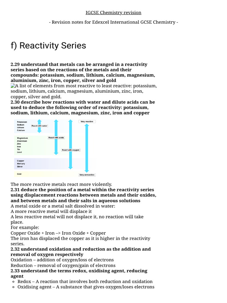 F) Reactivity Series - IGCSE Chemistry Revision | PDF