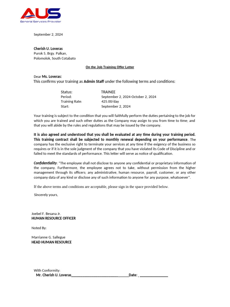 Training Offer Letter - ForMAT | PDF