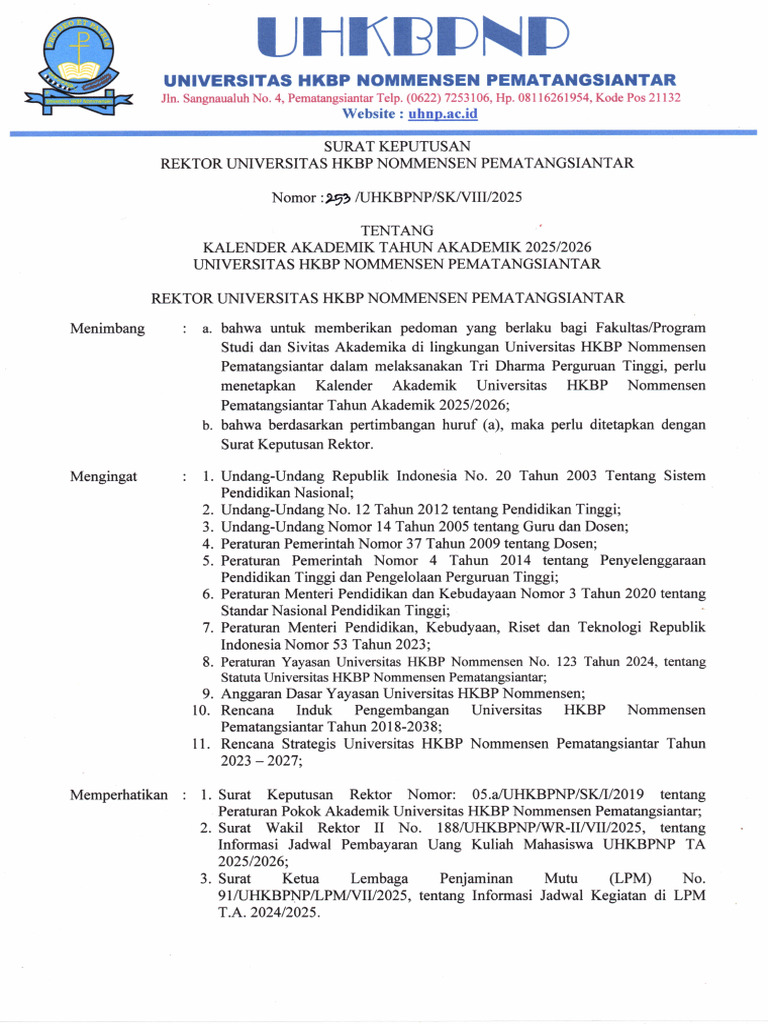 Kalender Akademik UHKBPNP T.A. 2025-2026 | PDF