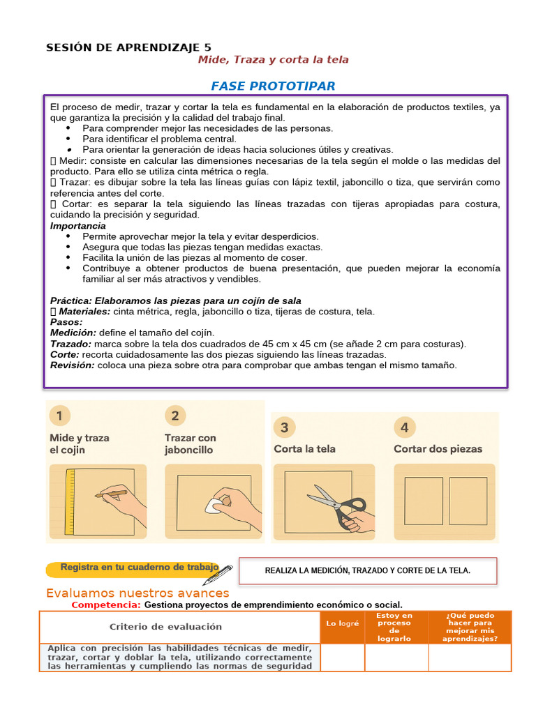 Hoja de Trabajo 3-2° Mide, Traza y Corta La Tela | PDF | Textiles