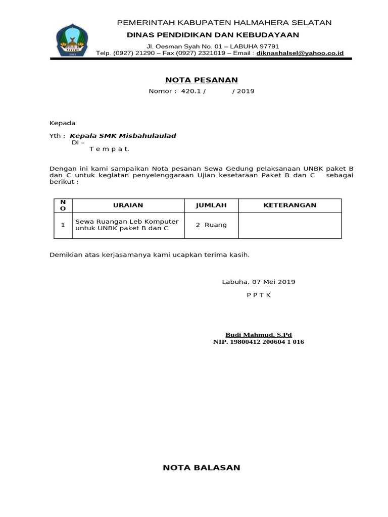Nota Pesanan Balasan Sewa Gedung 2019 | PDF