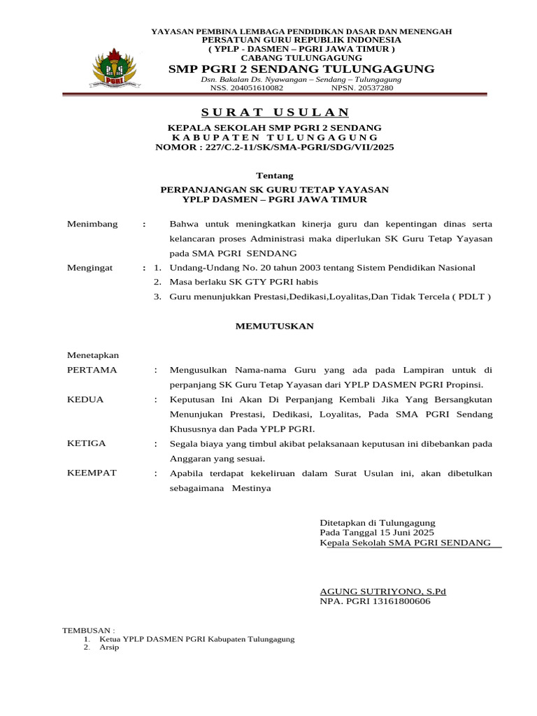 Surat Usulan Perpanjangan SK Gty | PDF