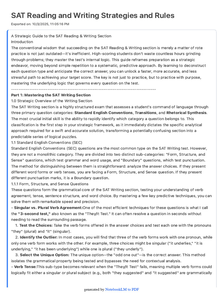SAT Reading and Writing Strategies and Rules | PDF | Grammatical Number ...