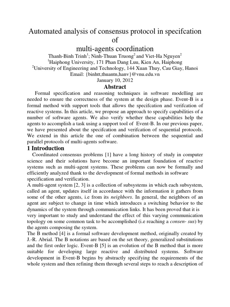 Automated Analysis of Consensus Protocol in Specifcation of Multi-Agents Coordination | PDF ...