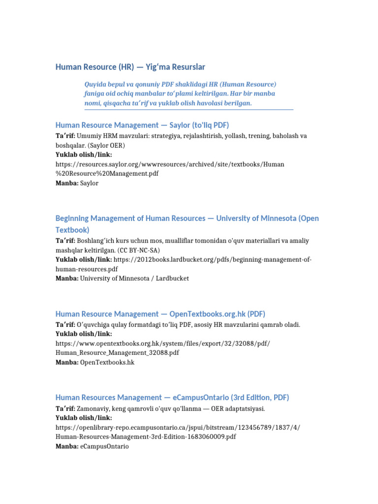 HR Resurslar Yigirma | PDF