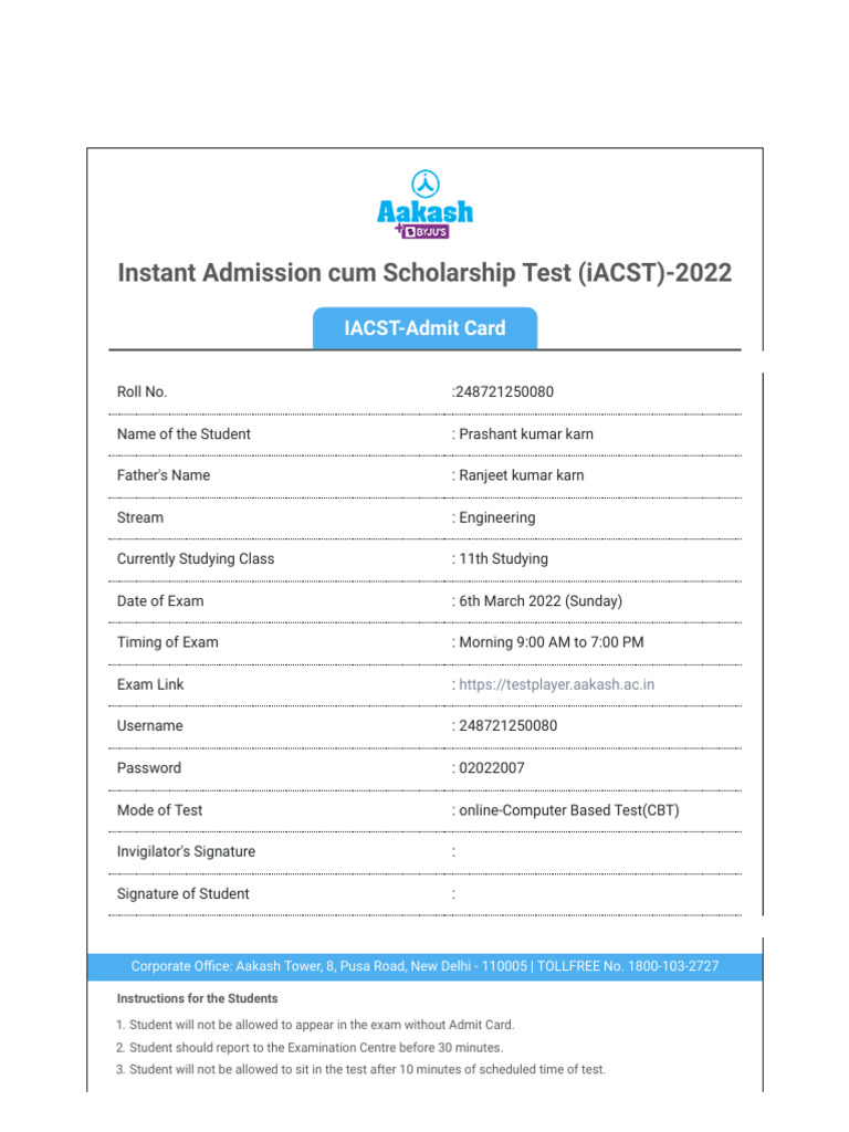 iACST 2022 Admit Card & Exam Details | PDF