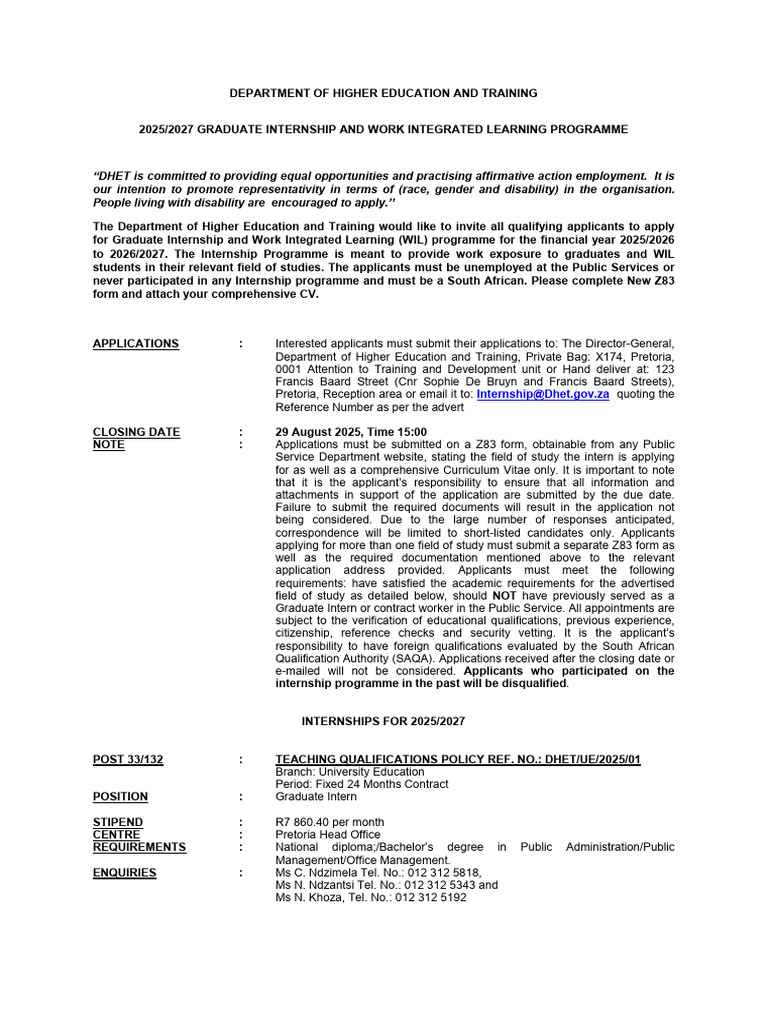 DHET Internship Programme 2025/2027 | PDF | Business