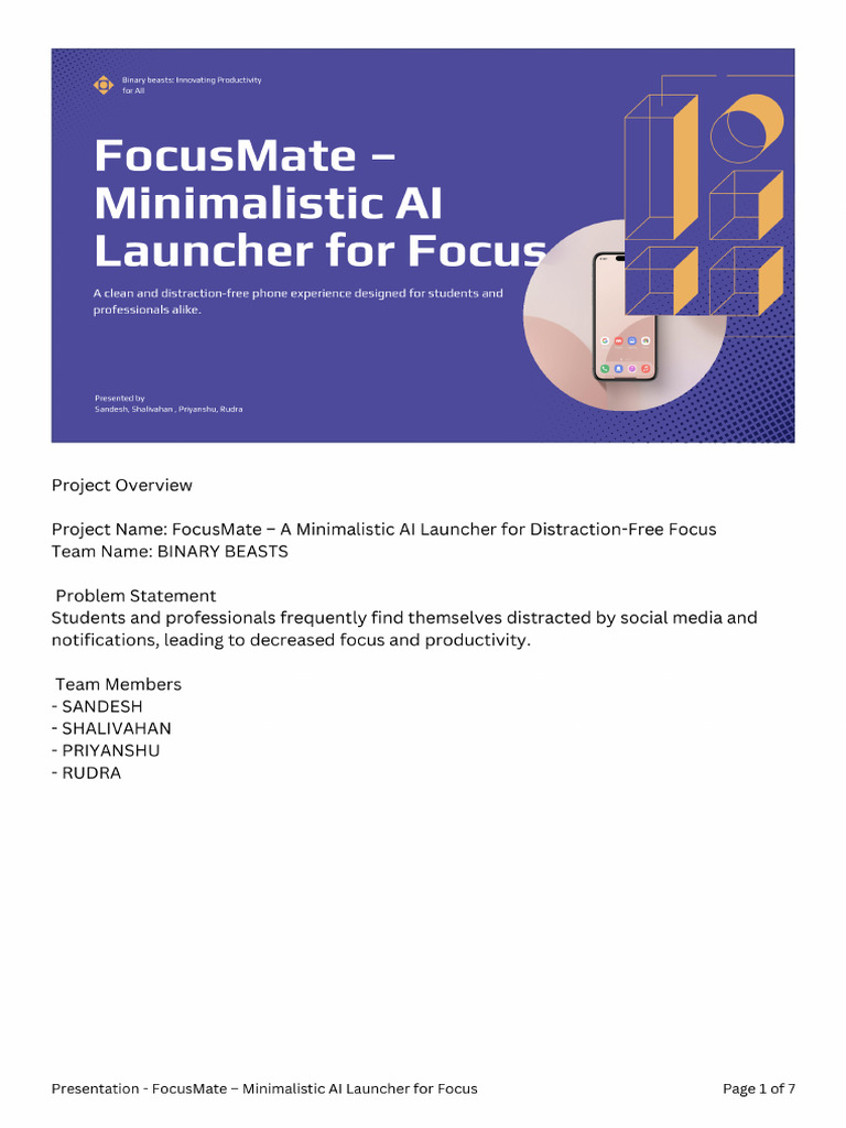 Presentation - FocusMate - Minimalistic AI Launcher For Focus | PDF